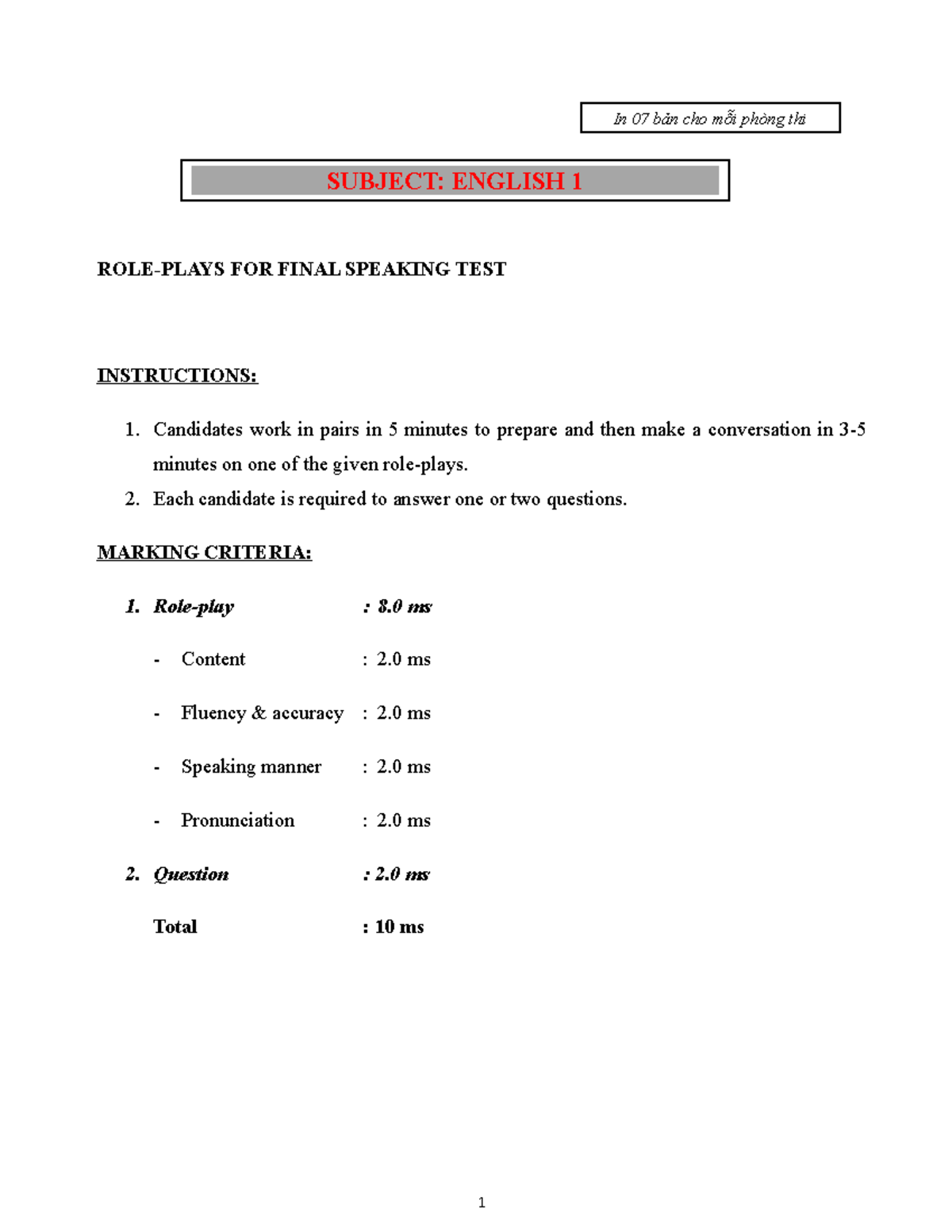 Flowchart Tiếng Anh 1 - ROLE-PLAYS FOR FINAL SPEAKING TEST INSTRUCTIONS ...