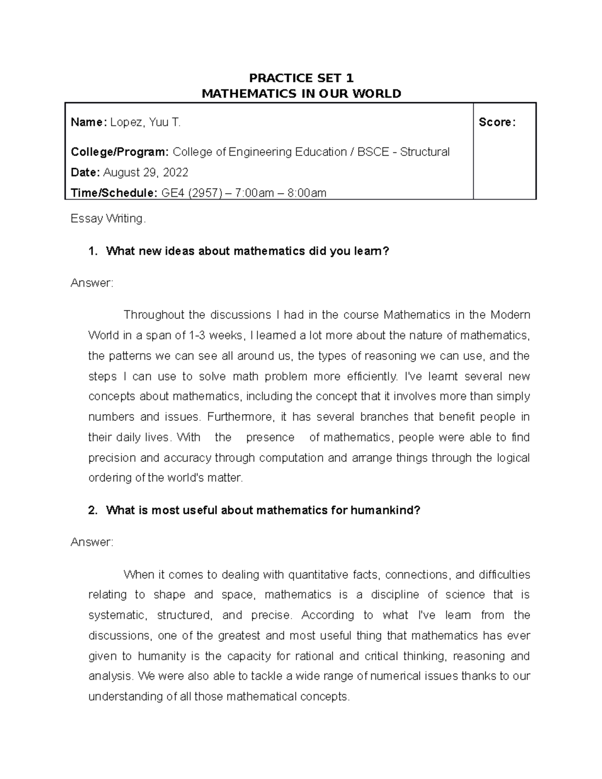 GE4 Week 1-3 Practice Set 1 - PRACTICE SET 1 MATHEMATICS IN OUR WORLD Name: Lopez, Yuu T. - Studocu