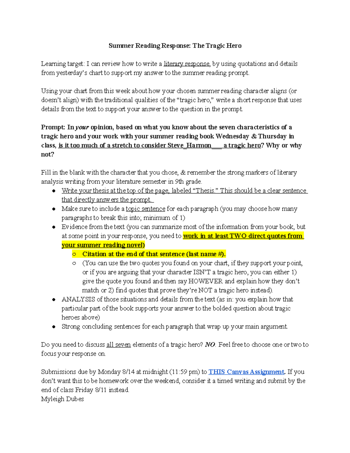 Copy of Tragic Hero Summer Reading Response - Summer Reading Response ...