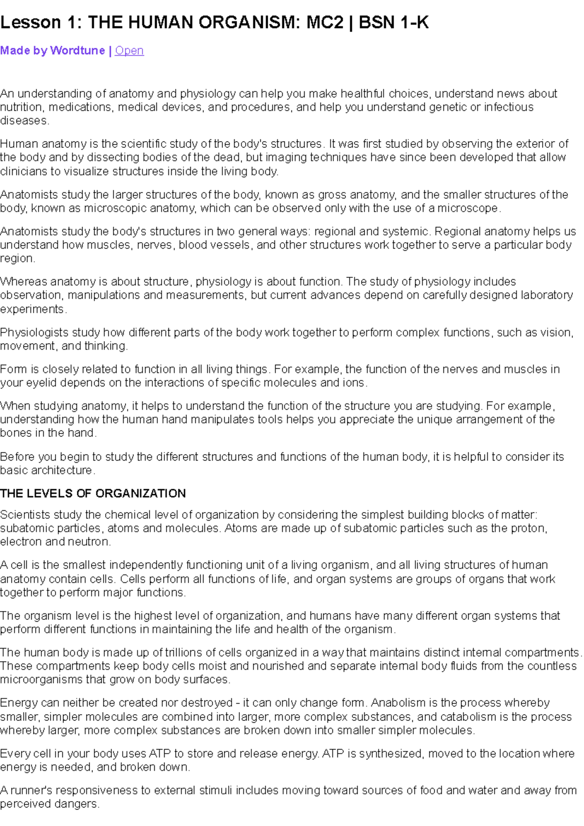 Lesson 1 THE Human Organism MC2 BSN 1-K-WT Summaries - Lesson 1: THE ...