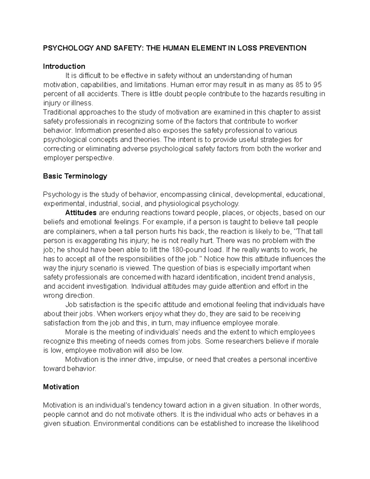 Psychology and Safety - PSYCHOLOGY AND SAFETY: THE HUMAN ELEMENT IN ...