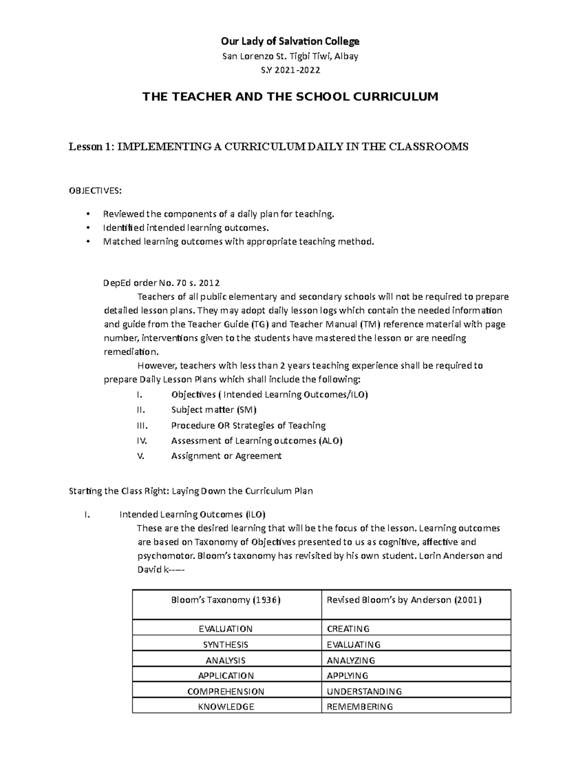 Module The Teacher and the School Curriculum - Our Lady of Salvation ...