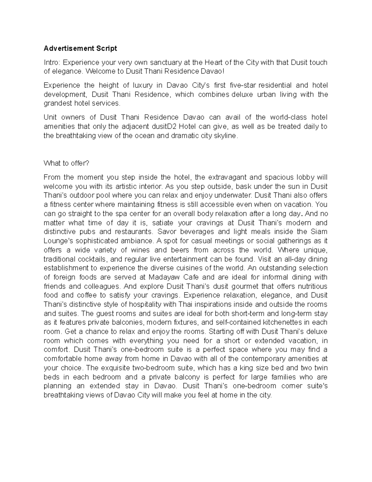 Dusit Thani Ad. Script - Activity - Advertisement Script Intro ...