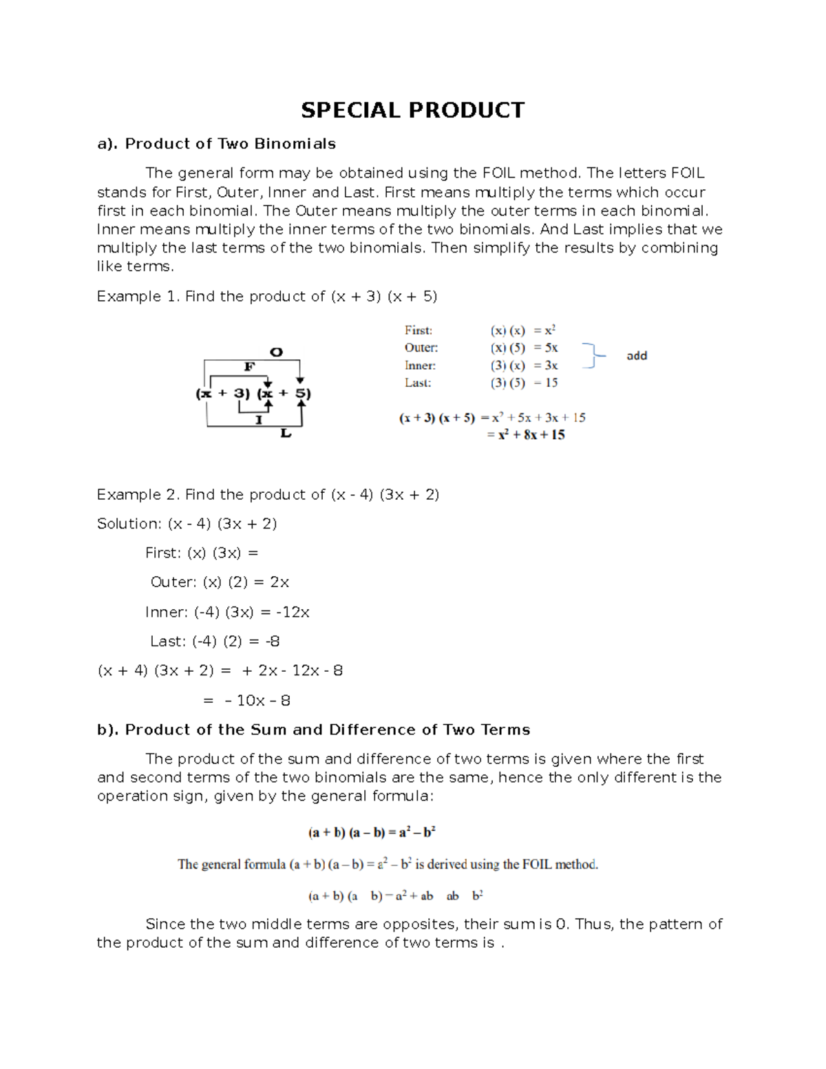 Special Product - Summarized Notes - SPECIAL PRODUCT a). Product of Two ...
