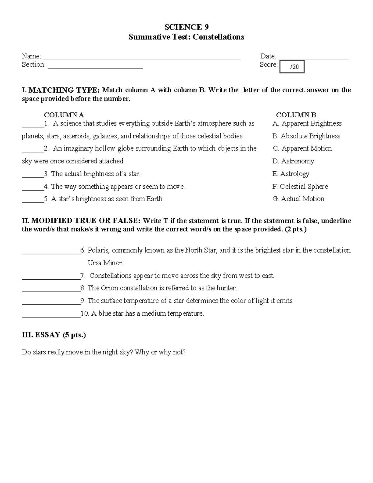 Constellation-summative-test - SCIENCE 9 Summative Test: Constellations ...