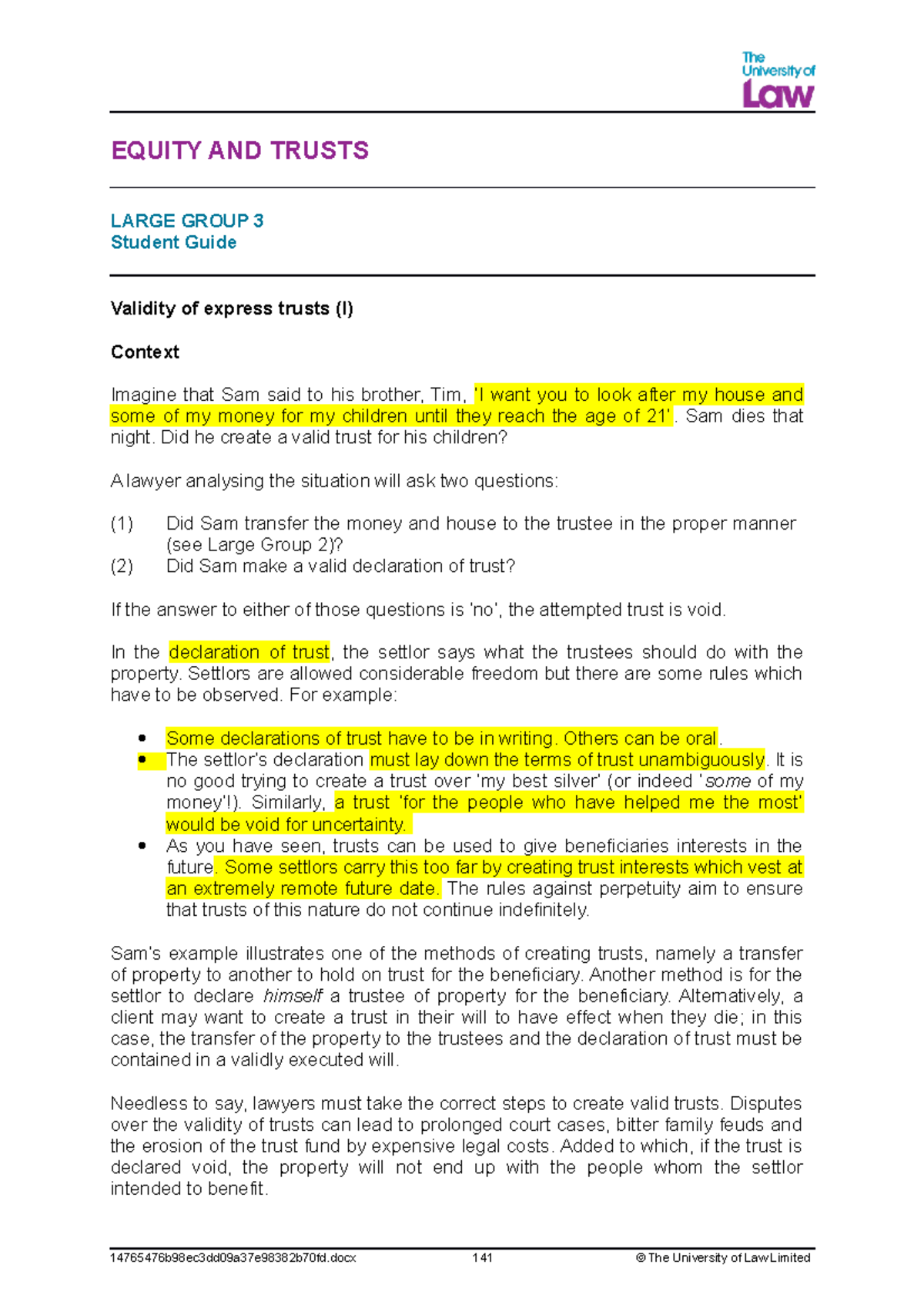 C - Validity of Express Trusts - EQUITY AND TRUSTS LARGE GROUP 3 Student Guide Validity of ...