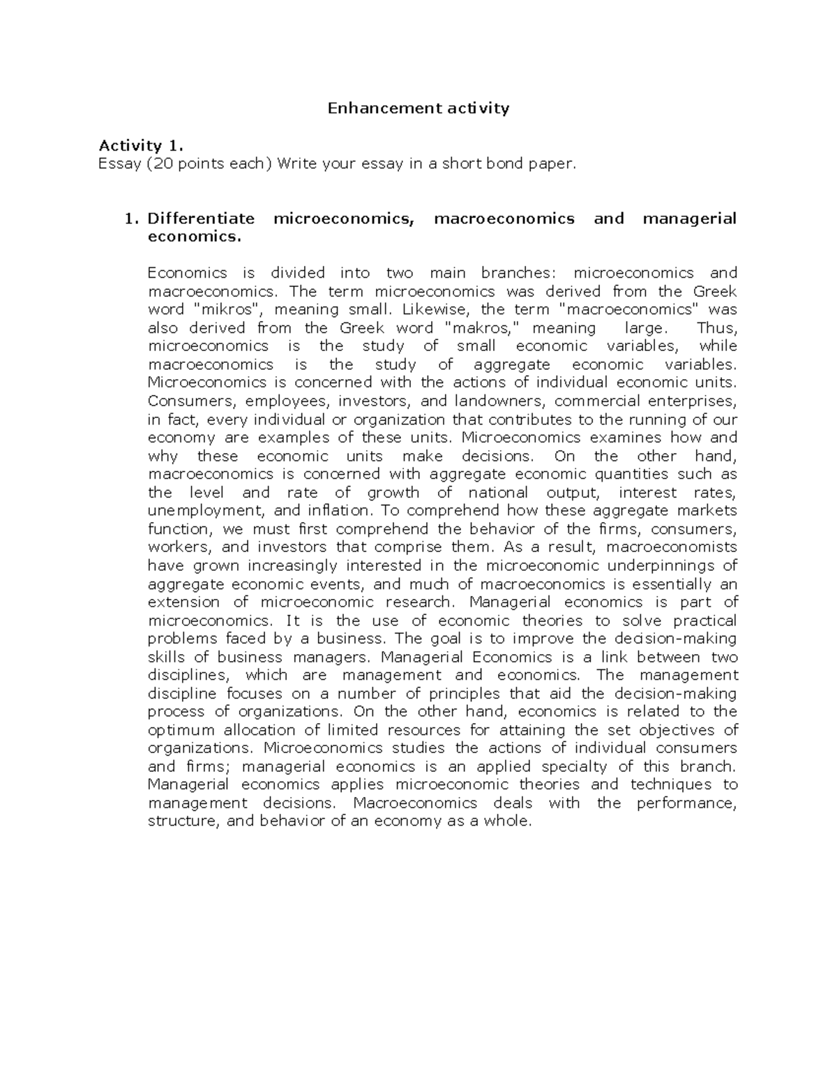 Enhancement activity - Enhancement activity Activity 1. Essay (20 ...