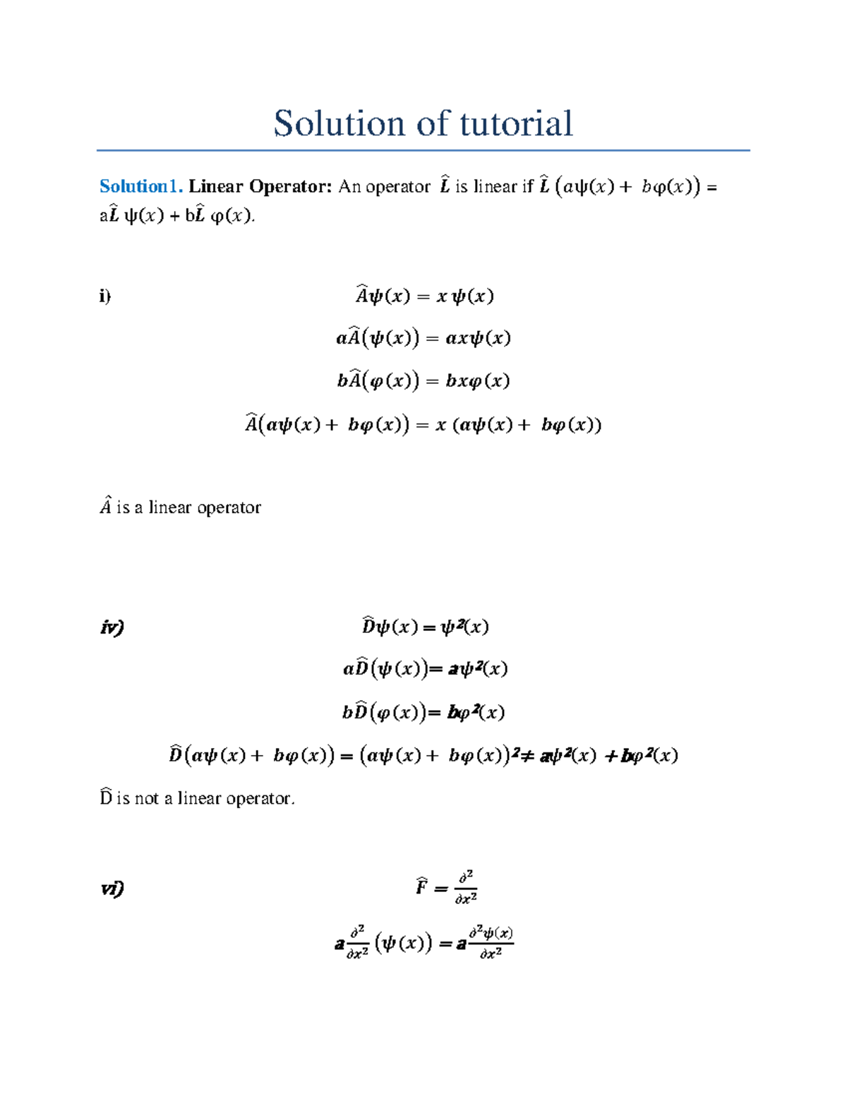 Tutorial sheet 3 - Solutions - Solution of tutorial Solution1. Linear ...
