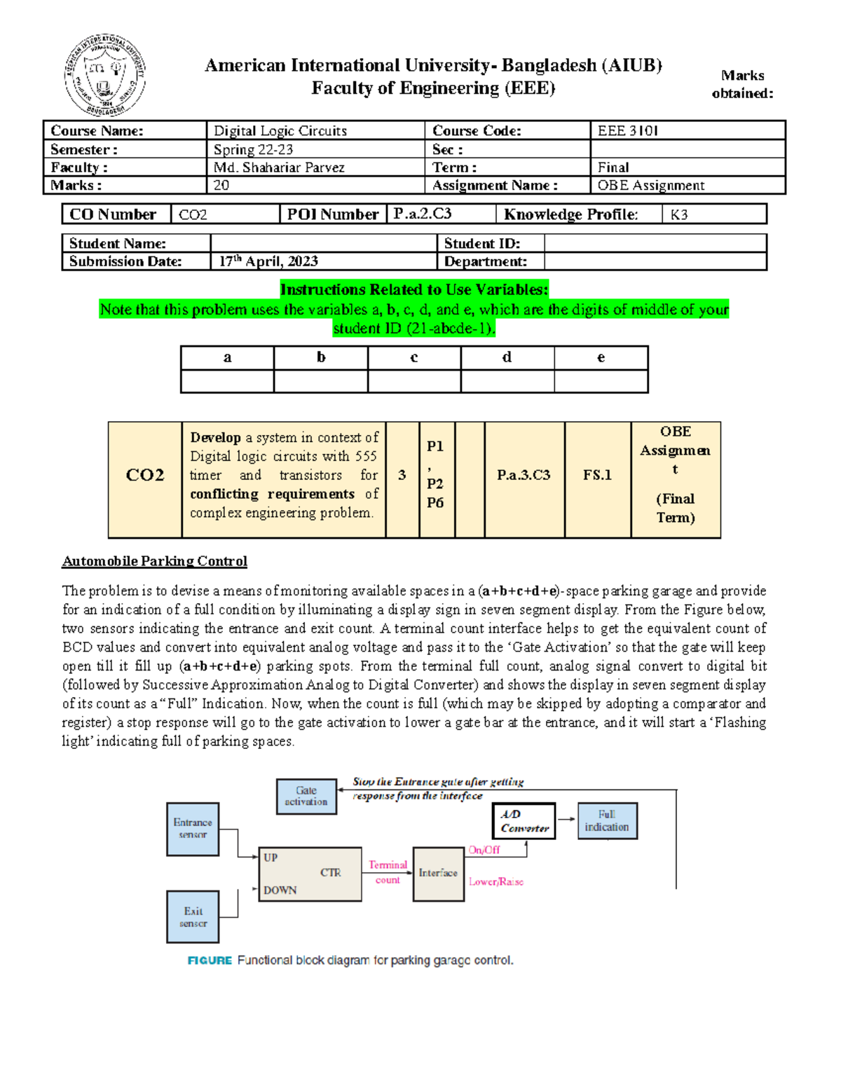 OBE Assignment Spring 2022-23 Automatic Parking - American ...