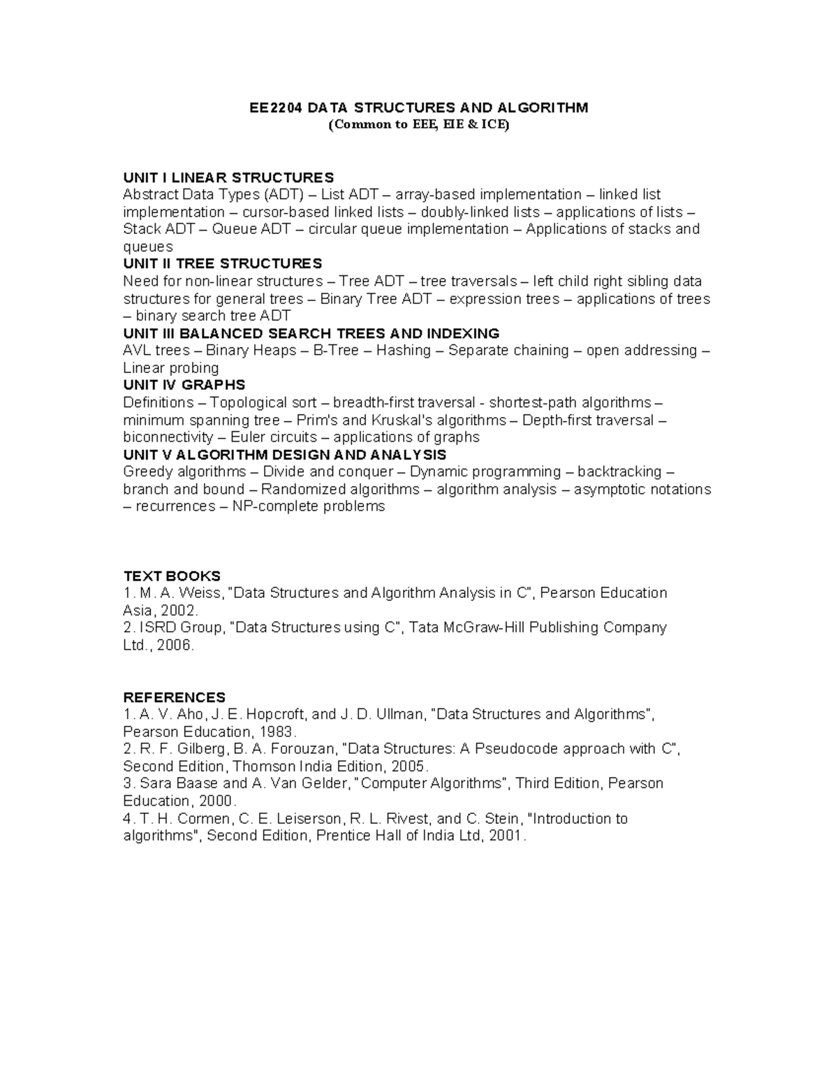 Data Structures And Applicatons Ee2204 Data Structures And Algorithm