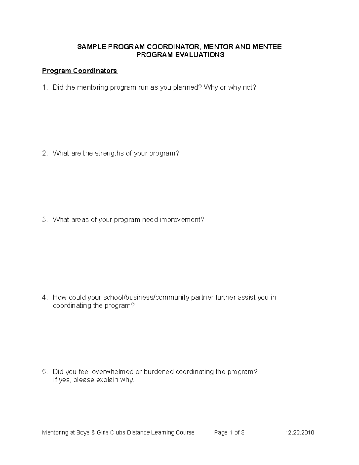 Program Evaluation for Mentors and Mentees - SAMPLE PROGRAM COORDINATOR ...