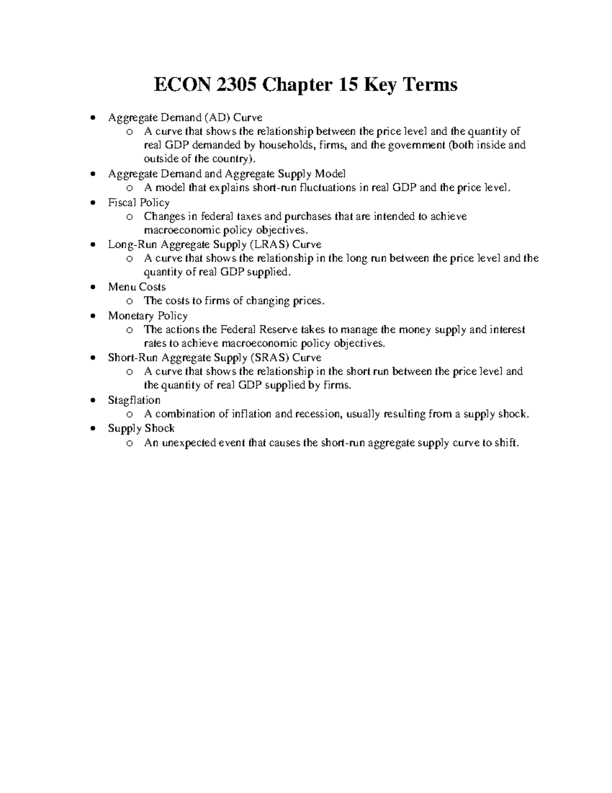 ECON 2305 Chapter 15 Key Terms - ECON 2305 Chapter 15 Key Terms ...