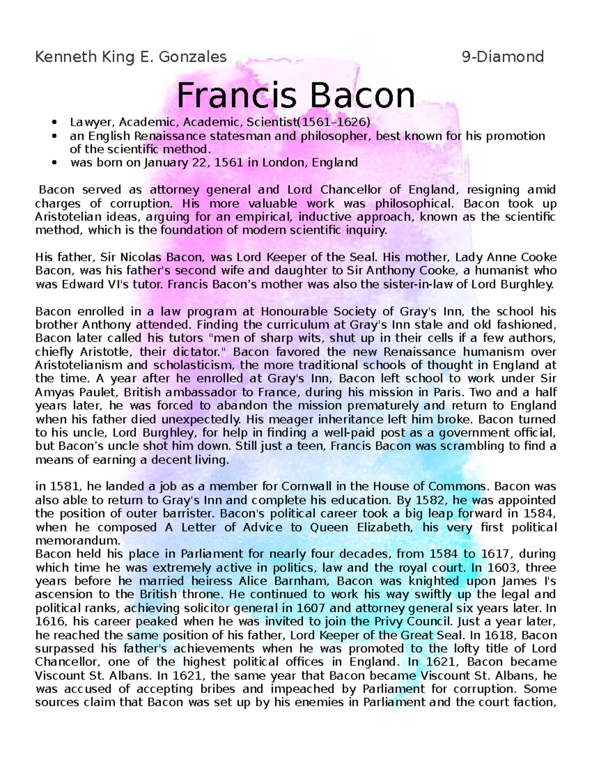 Francis Bacon - Just random notes - Kenneth King E. Gonzales 9-Diamond ...