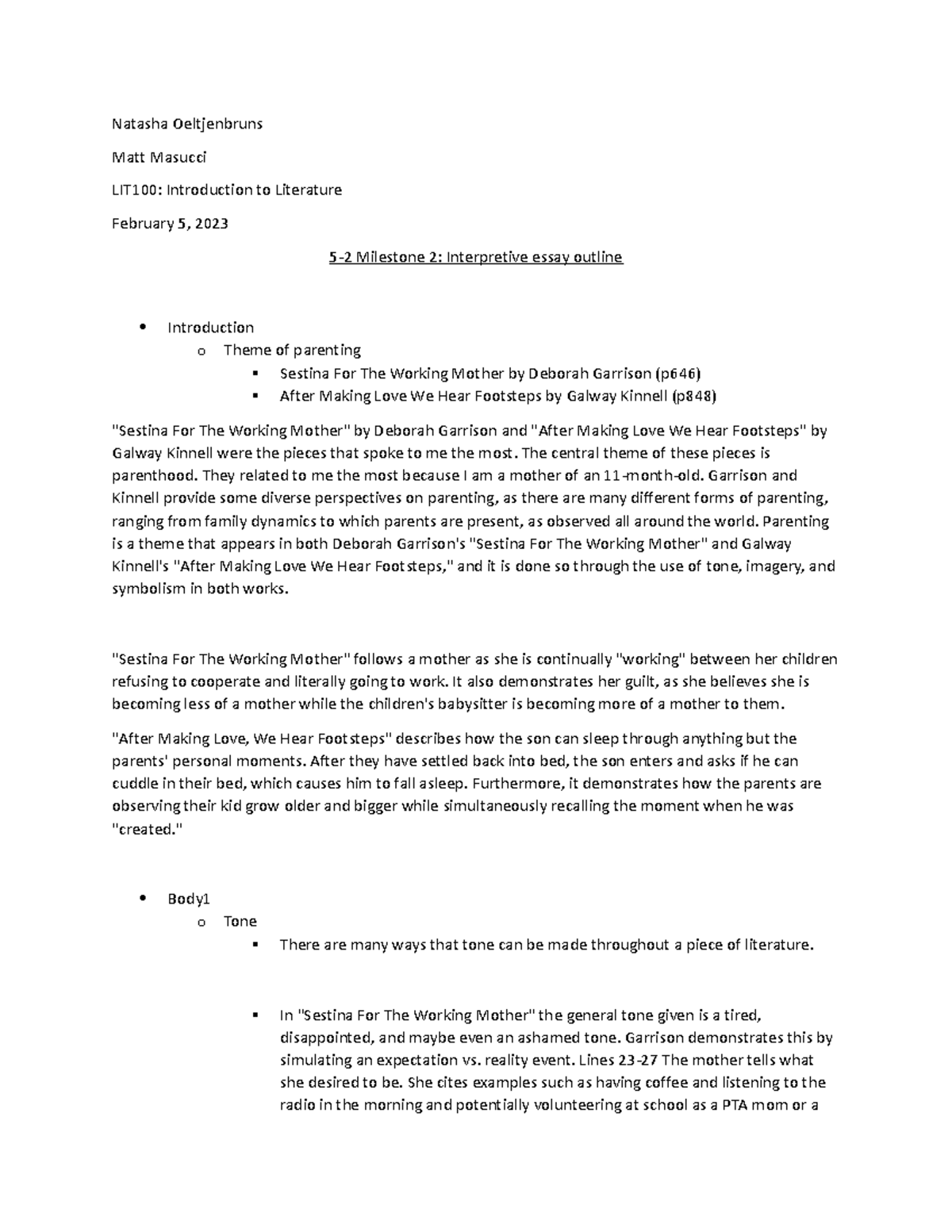 5-2 milestone 2- Outline - Natasha Oeltjenbruns Matt Masucci LIT100 ...