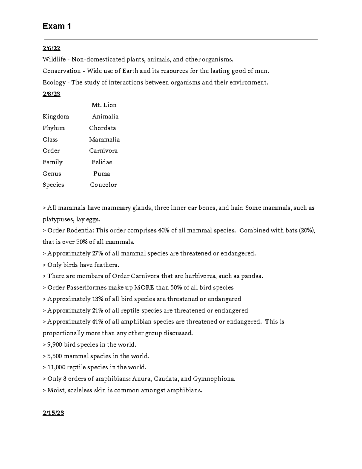 Wildlife Conservation and Ecology - Exam 1 2/6/ Wildlife - Non ...