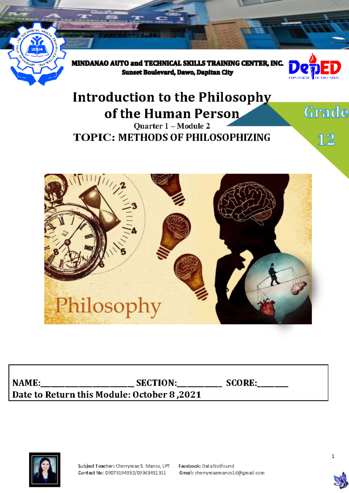 Philo Q1 Module 2 - 1 Subject Teacher: Cherrymae S. Manos, LPT Facebook ...