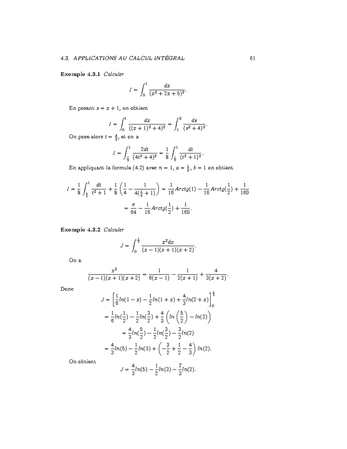Cours D'algebre-23 - 4. APPLICATIONS AU CALCUL INTÉGRAL 61 Exemple 4.3 ...