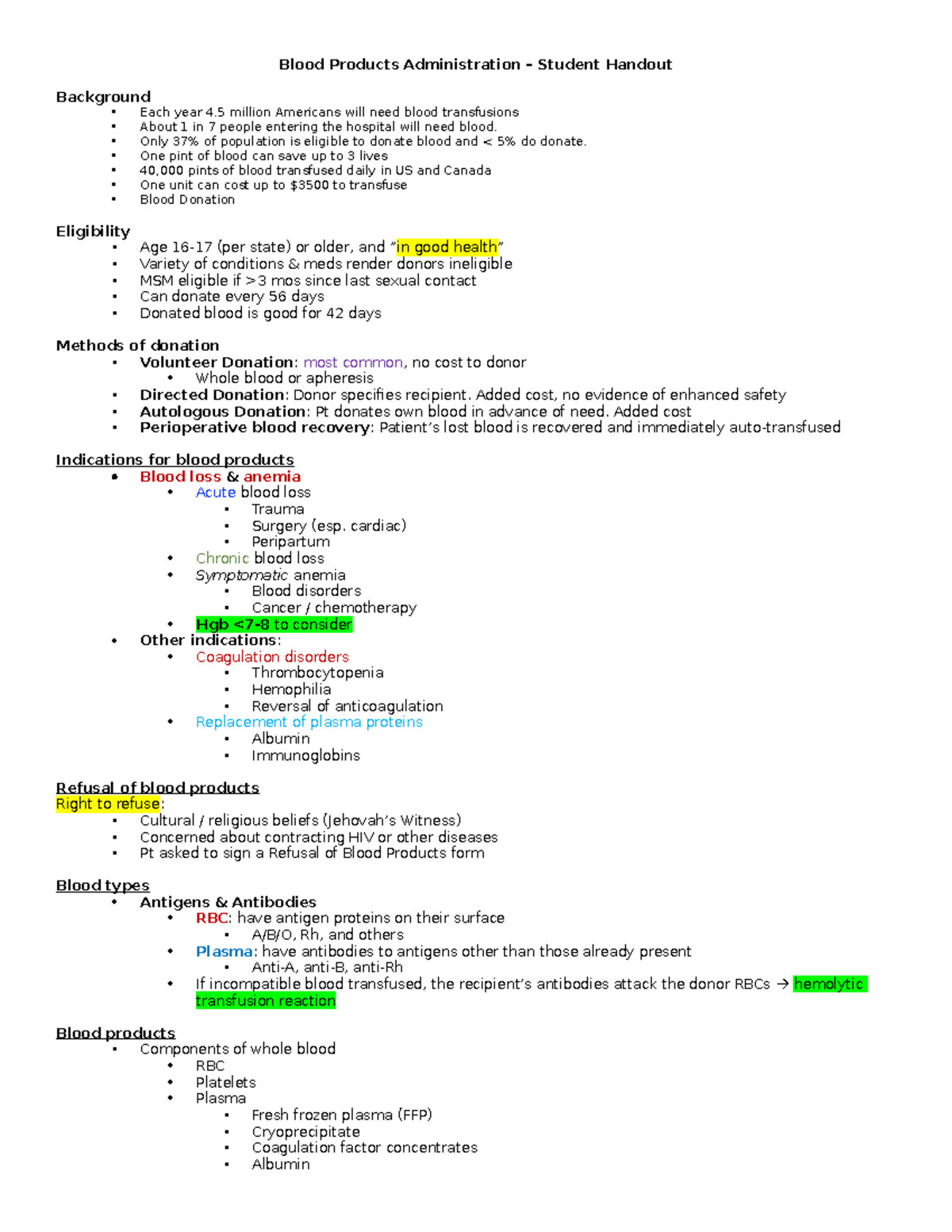 Blood admin student handout W23 - Blood Products Administration ...