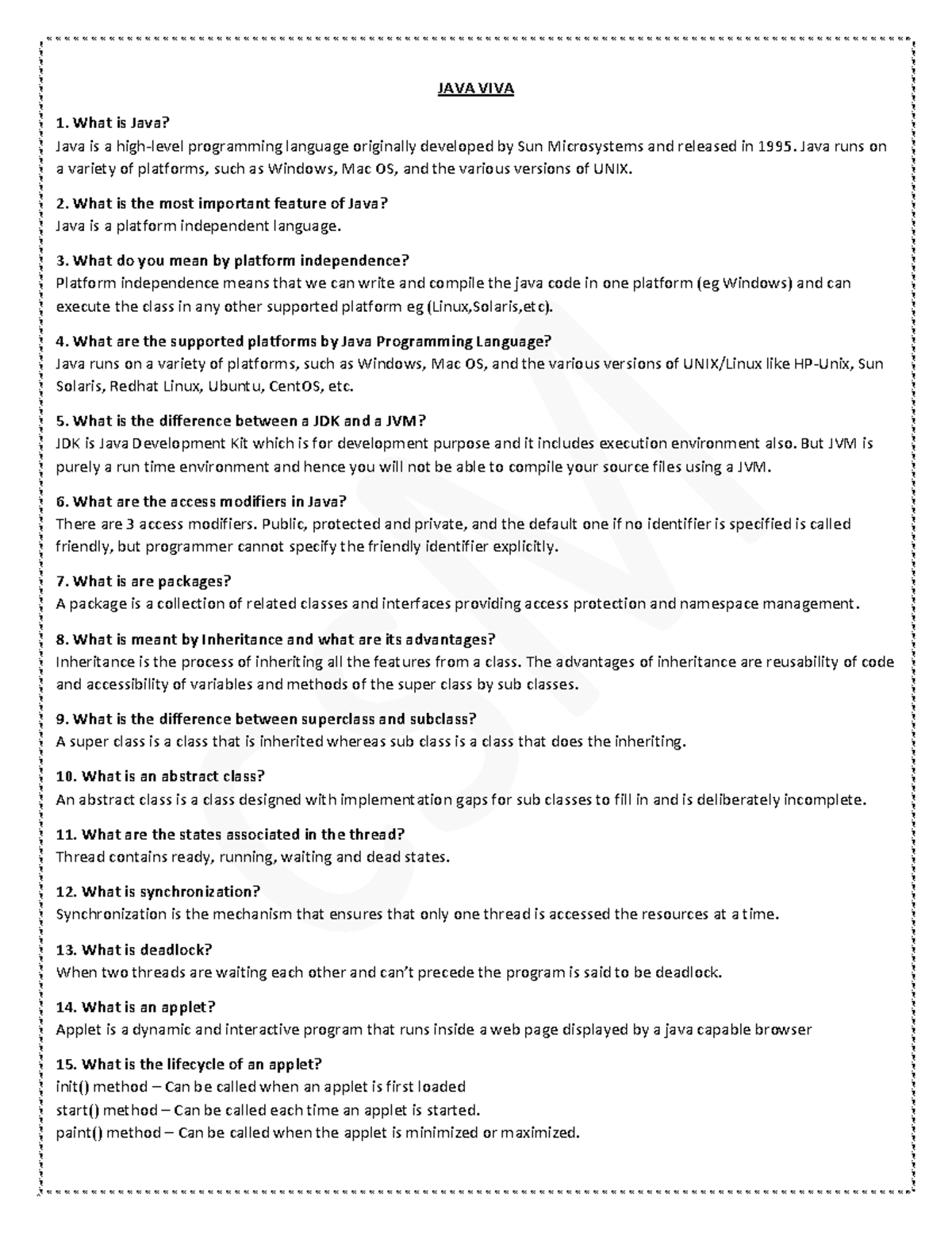 Java Viva - JAVA VIVA What is Java? Java is a high-level programming language originally ...