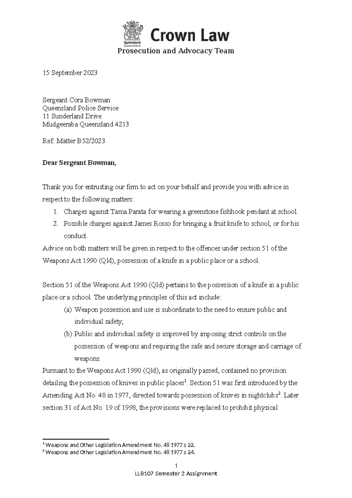 3. LLB107 Assignment 2023 Letter of Advice Template - 15 September 2023 ...