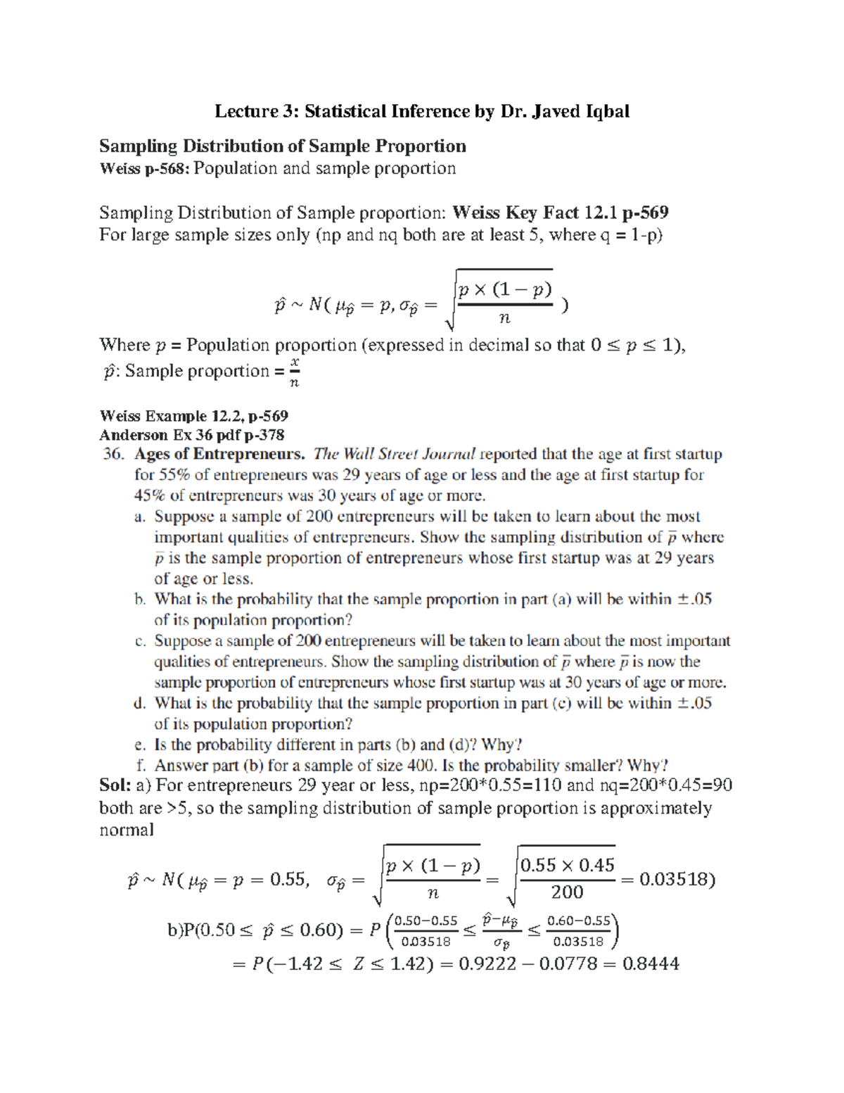 Lecture 3 - Lecture 3: Statistical Inference by Dr. Javed Iqbal ...