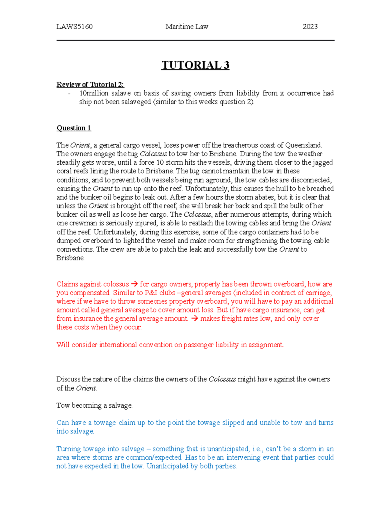 LAWS5160 2023 Tutorial 3 - TUTORIAL 3 Review of Tutorial 2: - 10million salave on basis of ...