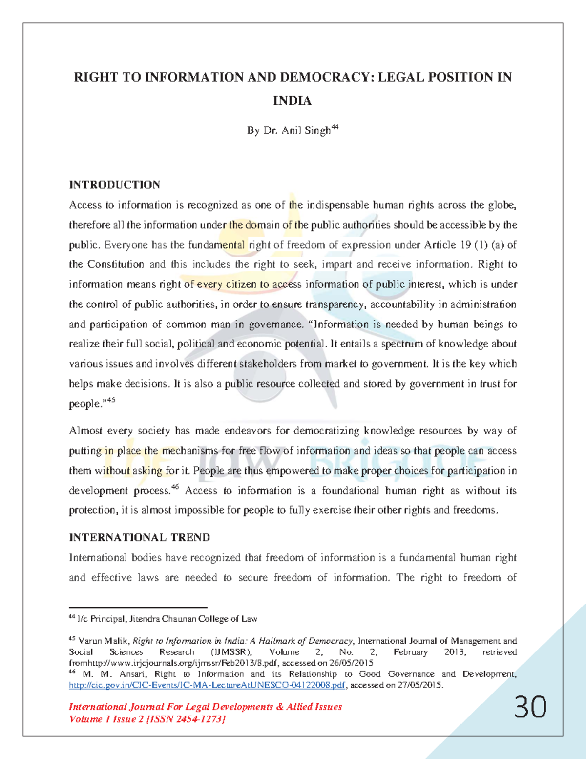 RTI and democracy - International Journal For Legal Developments ...