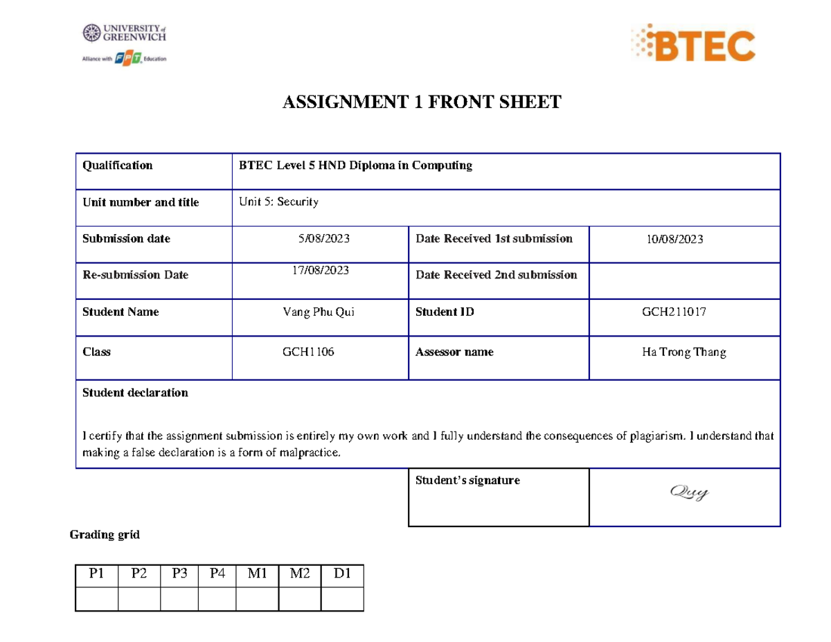 Assignment 1 Security final - ASSIGNMENT 1 FRONT SHEET Qualification BTEC Level 5 HND Diploma in ...