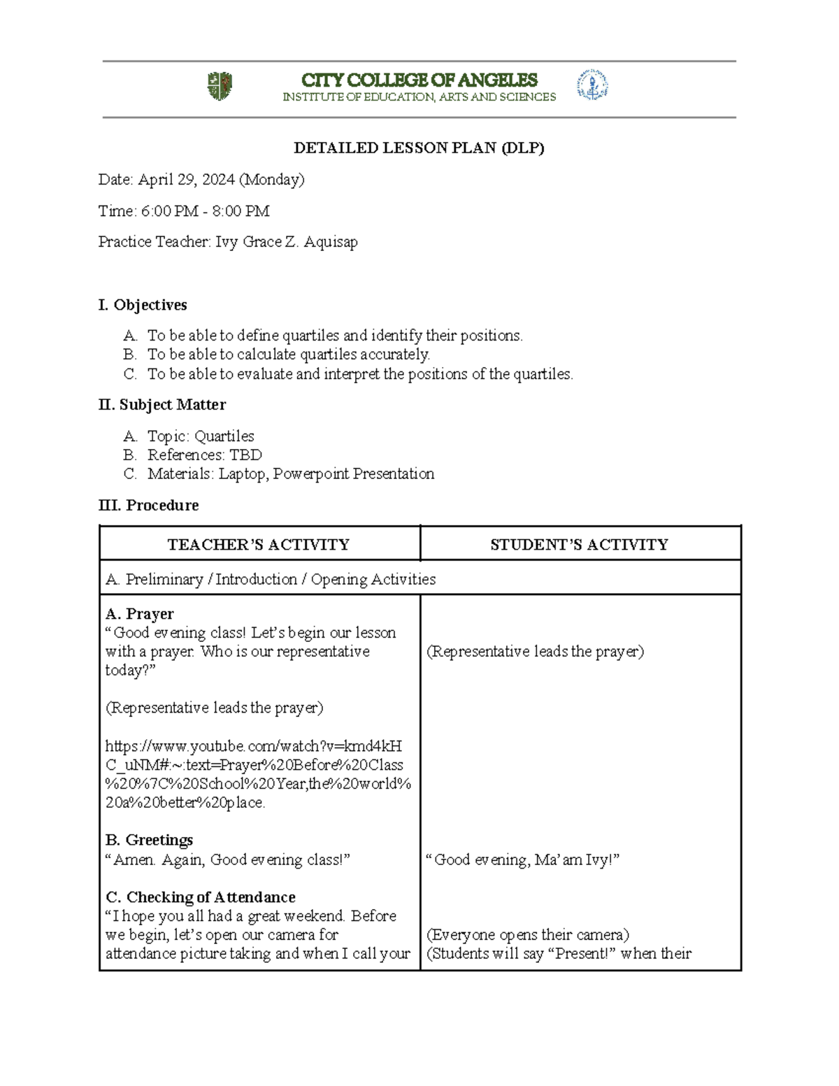 Lesson Plan (Quartile) - INSTITUTE OF EDUCATION, ARTS AND SCIENCES ...