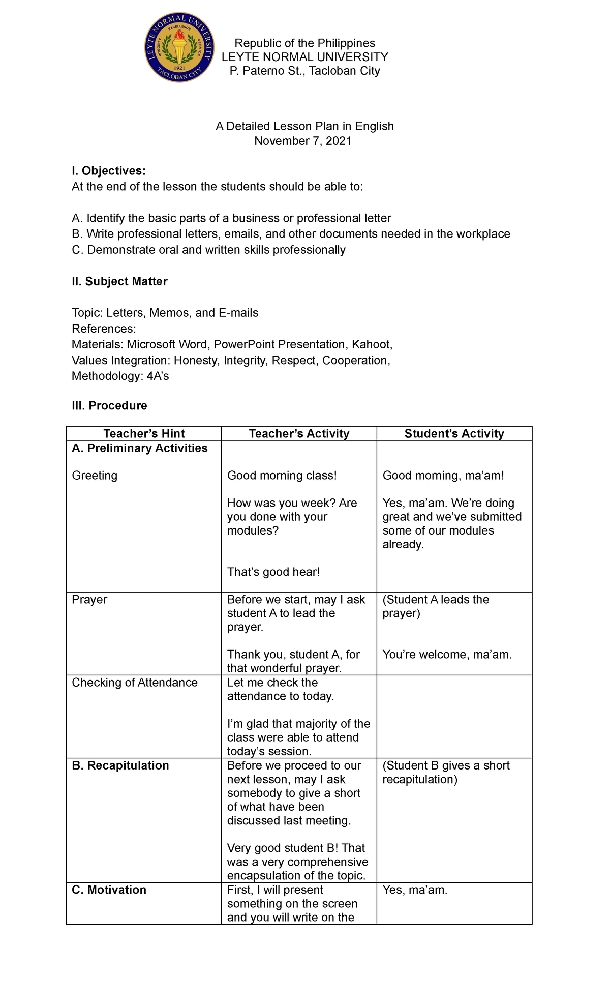 A Detailed Lesson Plan in English - LEYTE NORMAL UNIVERSITY P. Paterno ...
