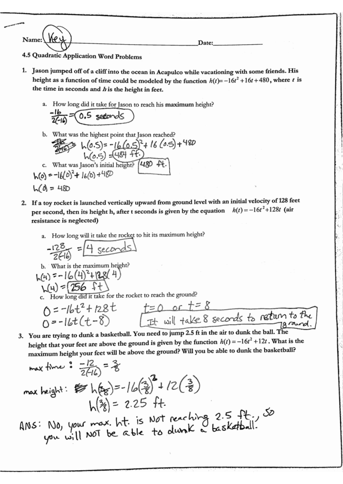 KEY for Practice Applications of Quadratics wsgl - MATH241 - Studocu