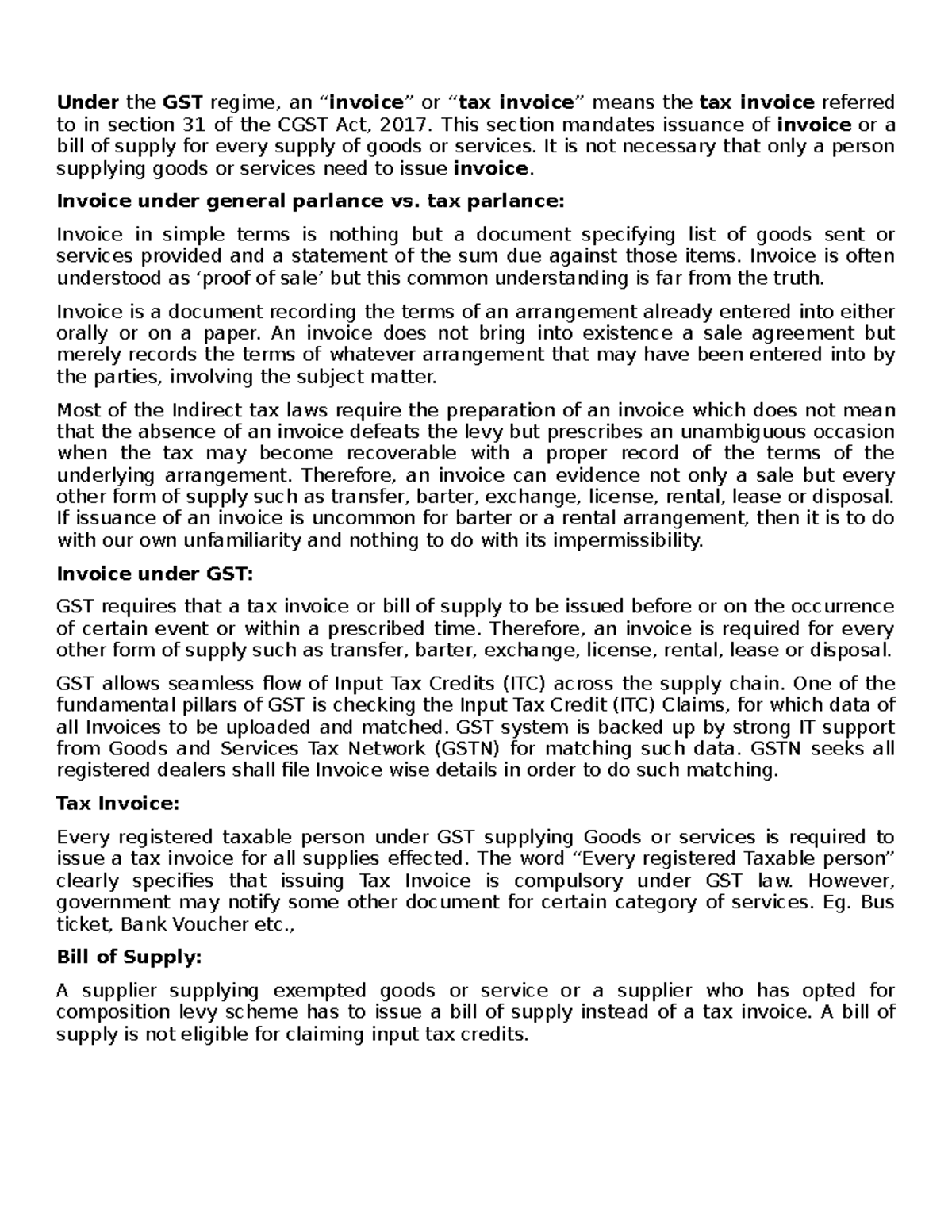 GST Notes - Under the GST regime, an “invoice” or “tax invoice” means ...
