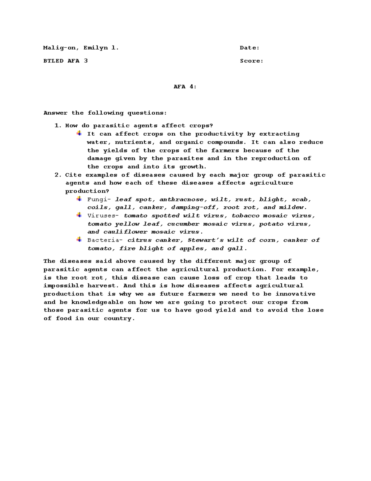 AFA 4 SELF Evaluation AND ASS. MELS. - Malig-on, Emilyn l. Date: BTLED ...