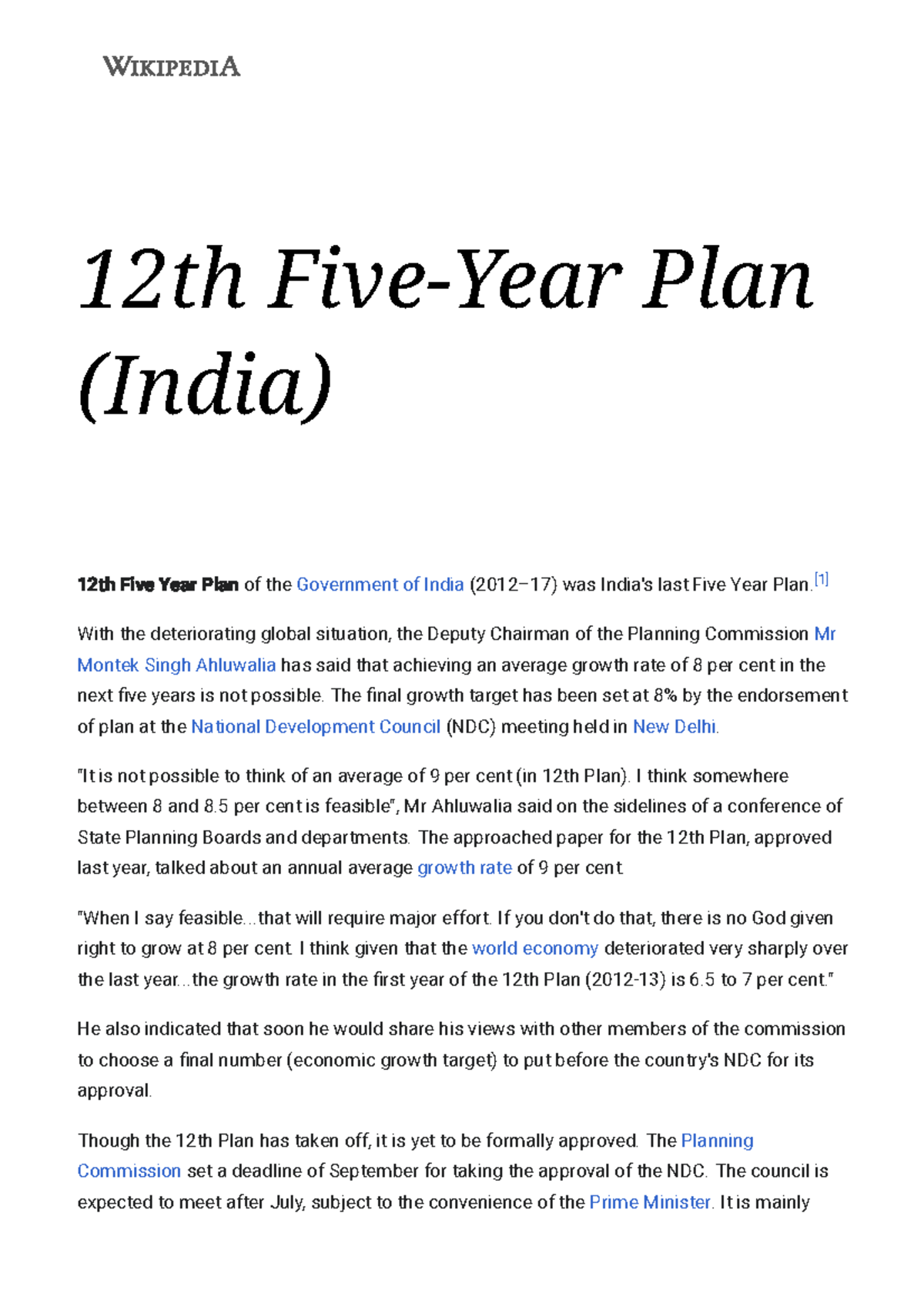 12th Five Year Plan India Wikipedia 12th Five Year Plan India