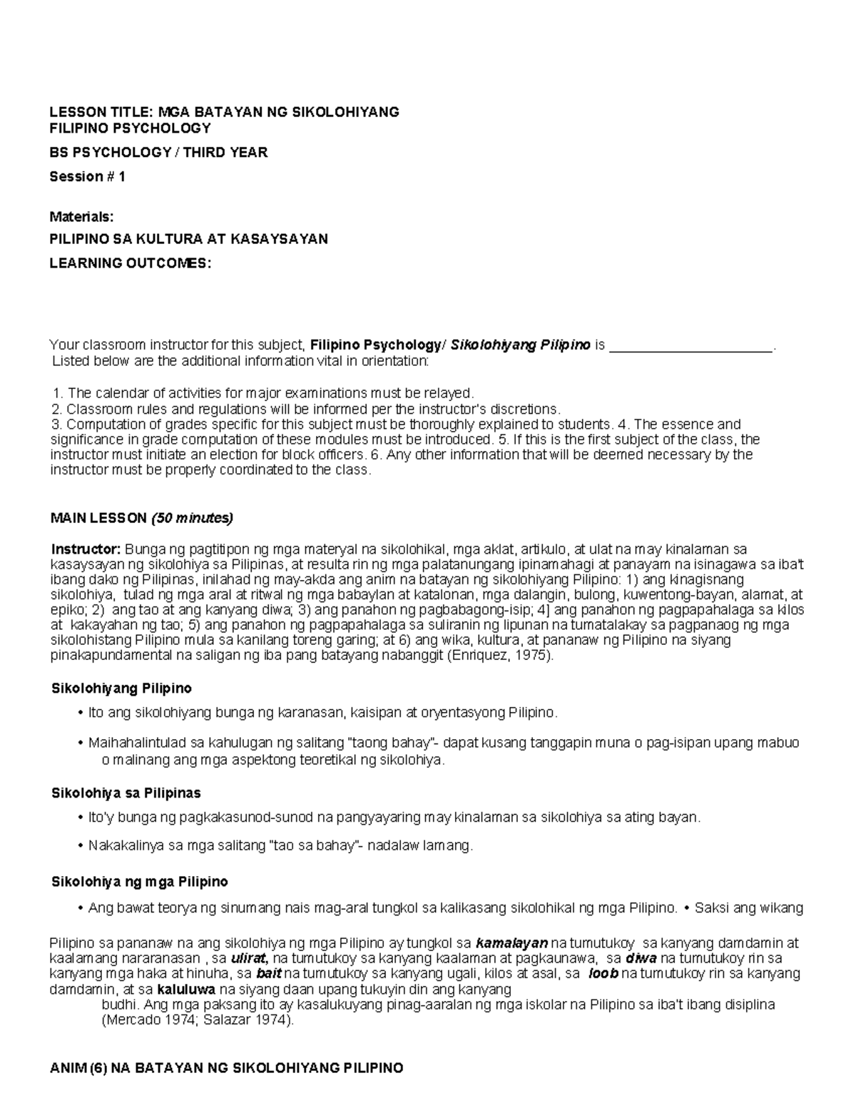 SAS Session-1 Batayan ng Sikolohiyang Pilipino - LESSON TITLE: MGA ...