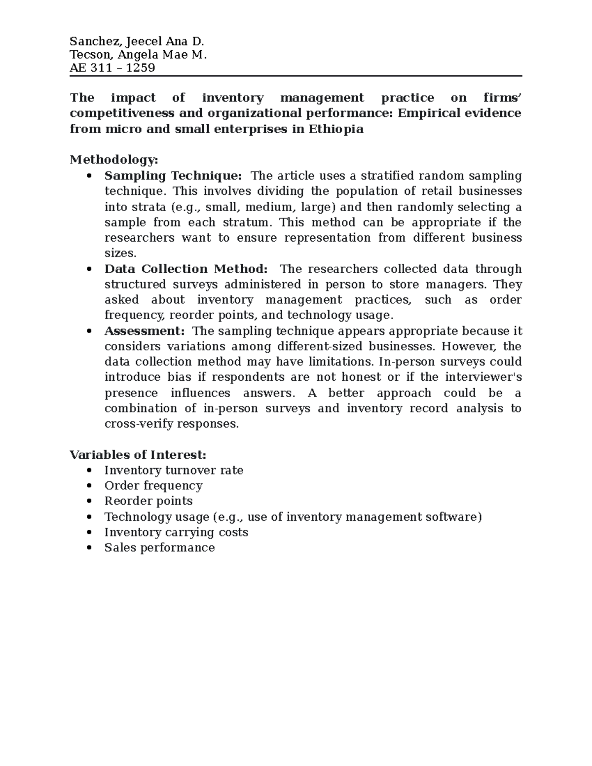 The impact of inventory management practice on firms - Sanchez, Jeecel ...