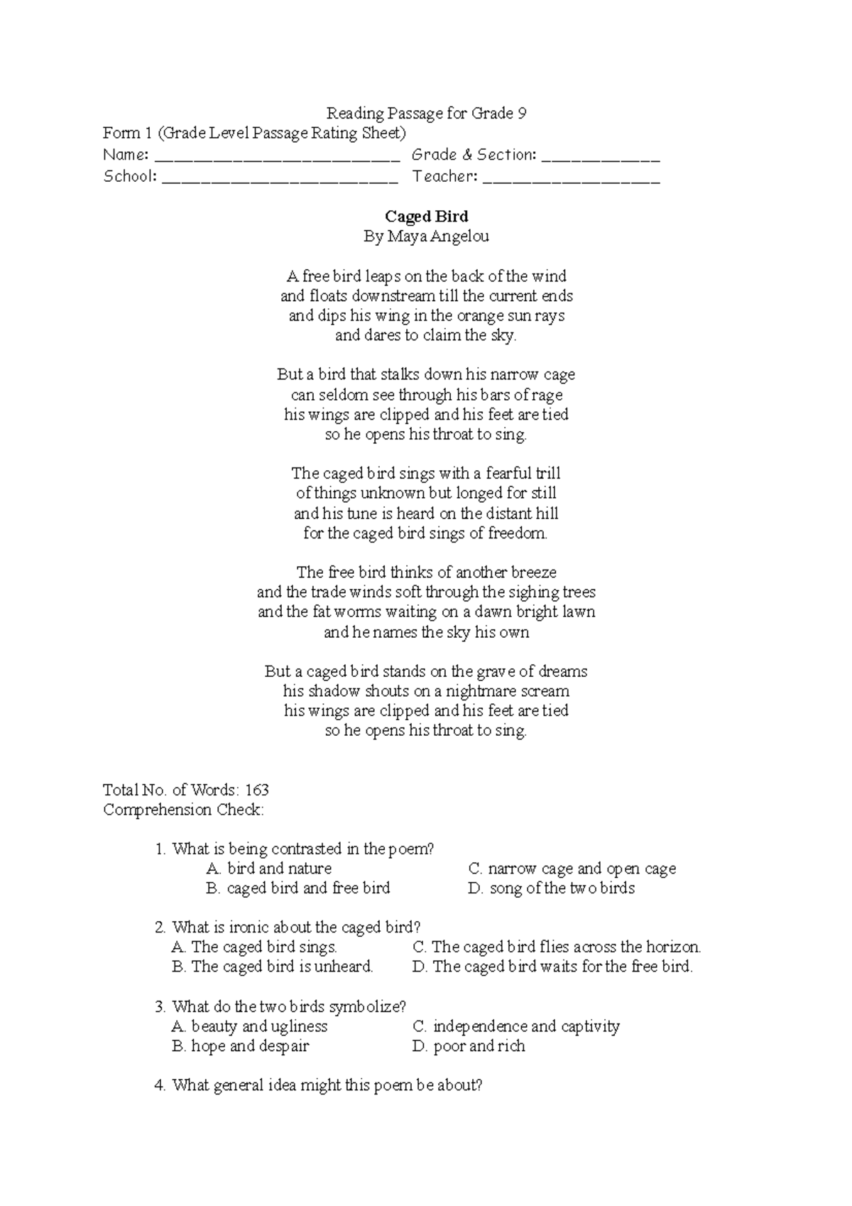 Exam 2019 Questions And Answers Reading Passage For Grade 9 Form 1