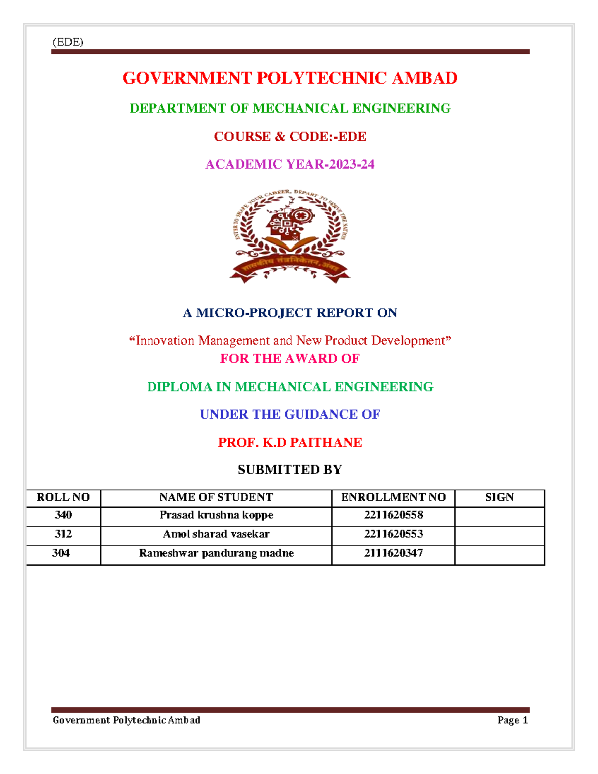 Prasadamolramedemicroproject Report - GOVERNMENT POLYTECHNIC AMBAD ...