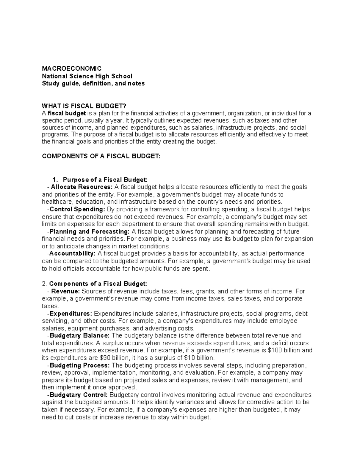 Fiscal budget (Macroeconomics) - MACROECONOMIC National Science High ...