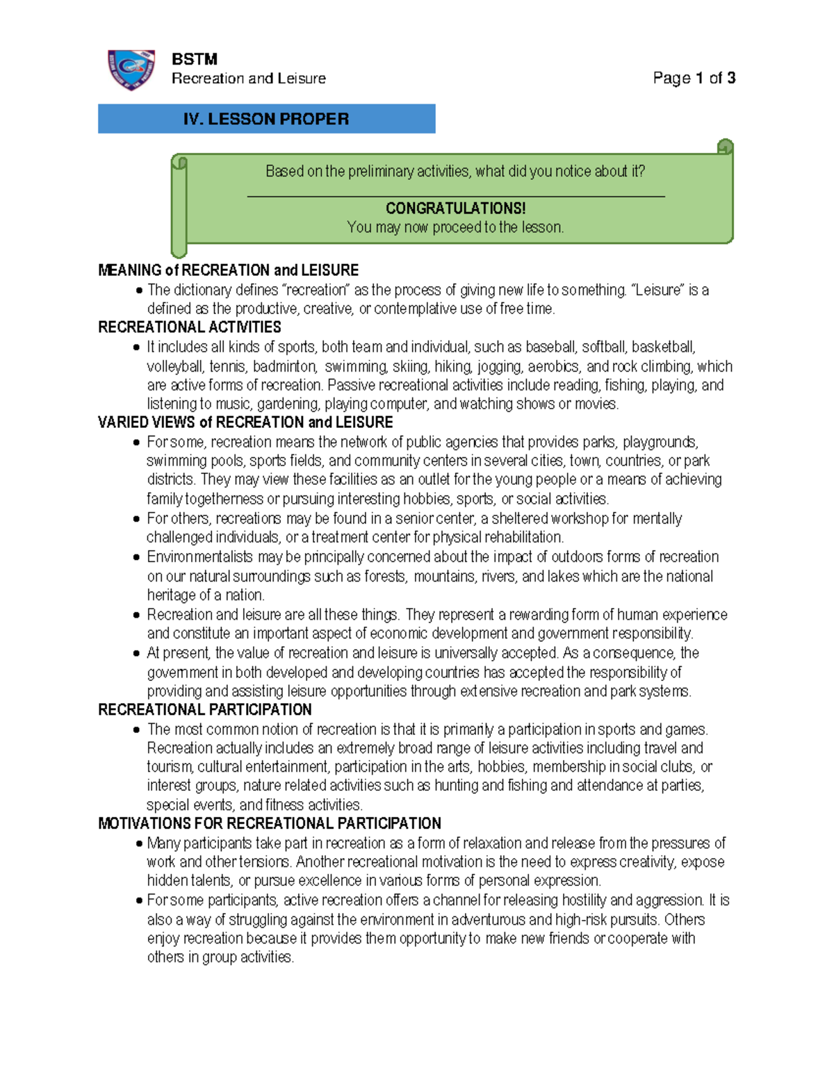 W10- Lesson - BSTM Recreation and Leisure Page 1 of 3 MEANING of ...