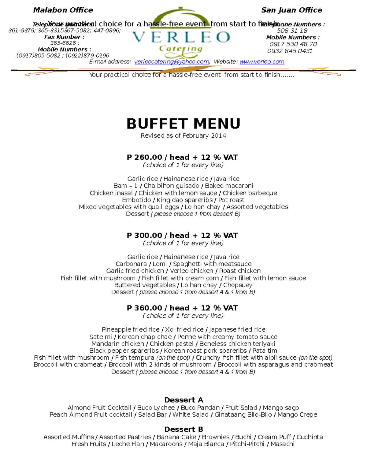 1 - Lecture notes 1-4 - BUFFET MENU Revised as of February 2014 P 260 ...
