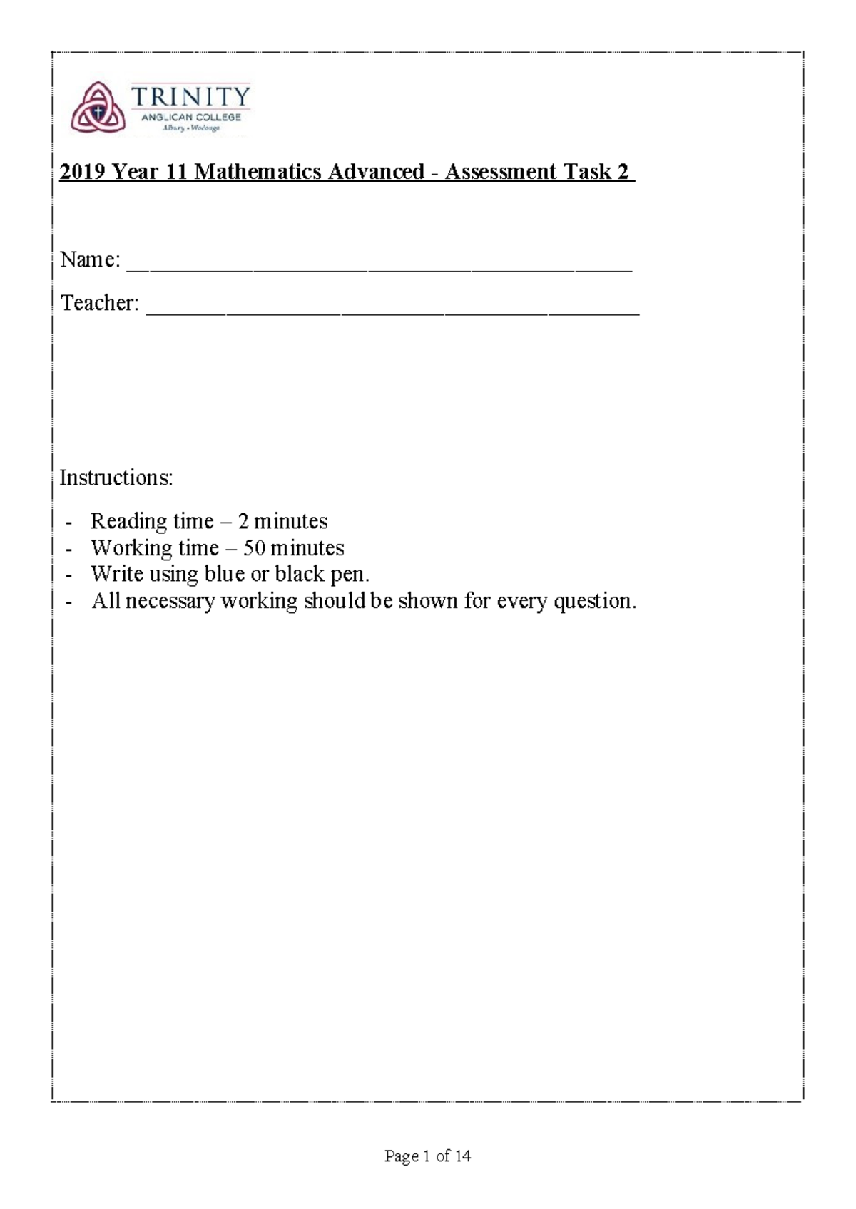 11 Mathematics Advanced - Task 2 - 2019 - FInal - 2019 Year 11 ...