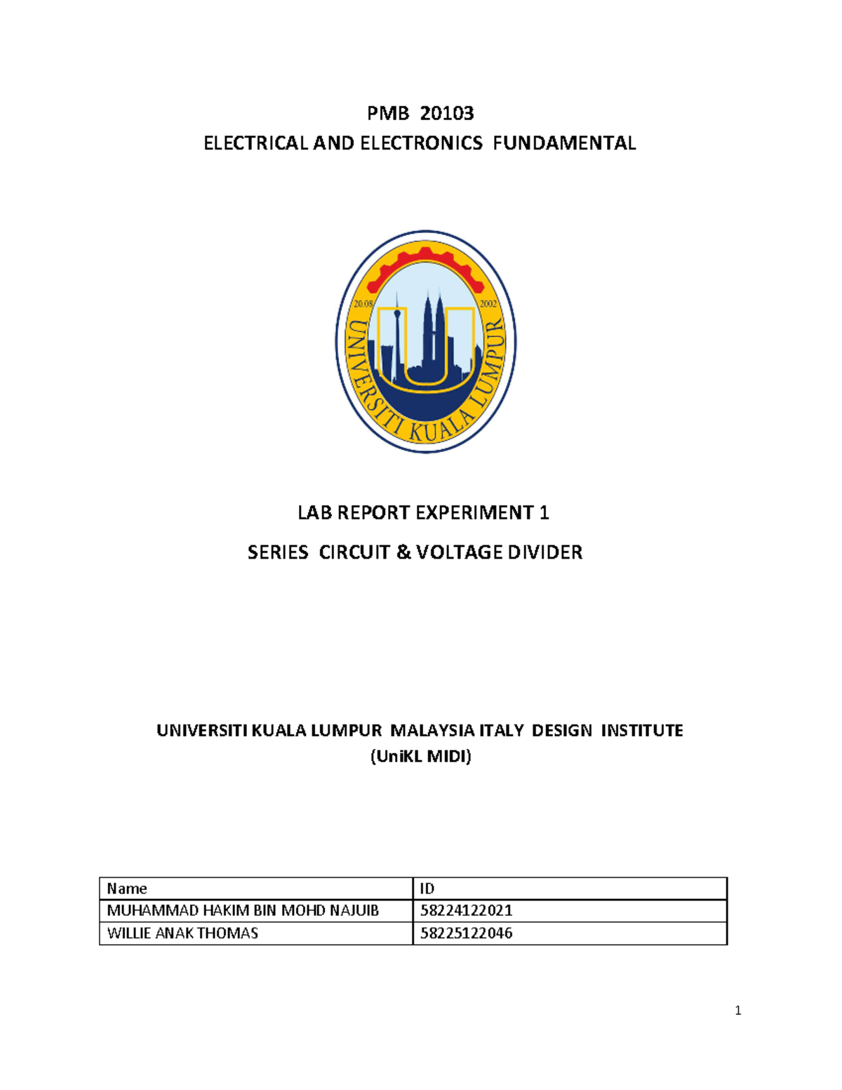 Lab Report Experiment 1 - Electrical And Electronics Fundamentals - PMB ...