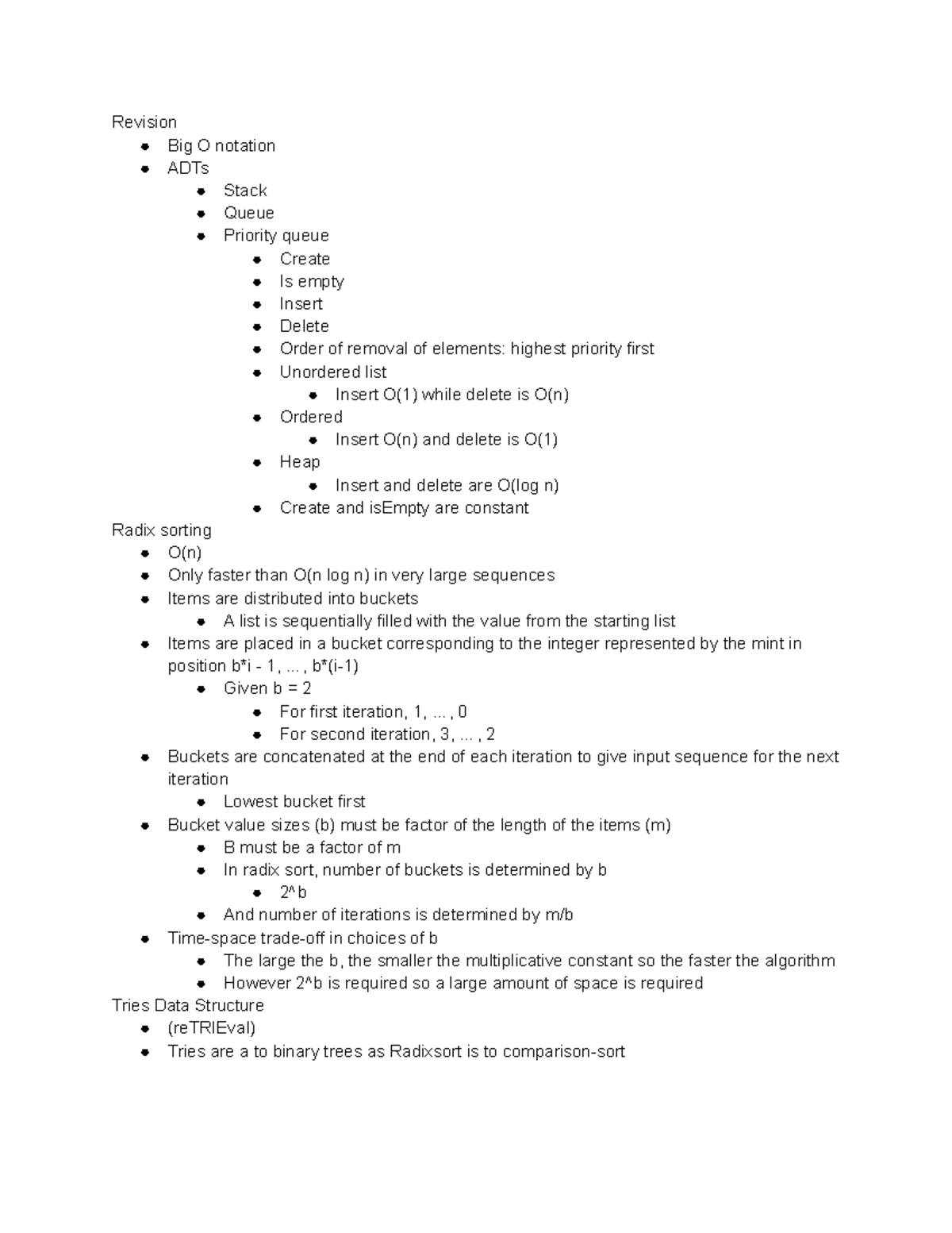 Algorithmics I Bullet Pointed Key Concepts 2020 2021 - Revision Big O notation ADTs Stack - Studocu