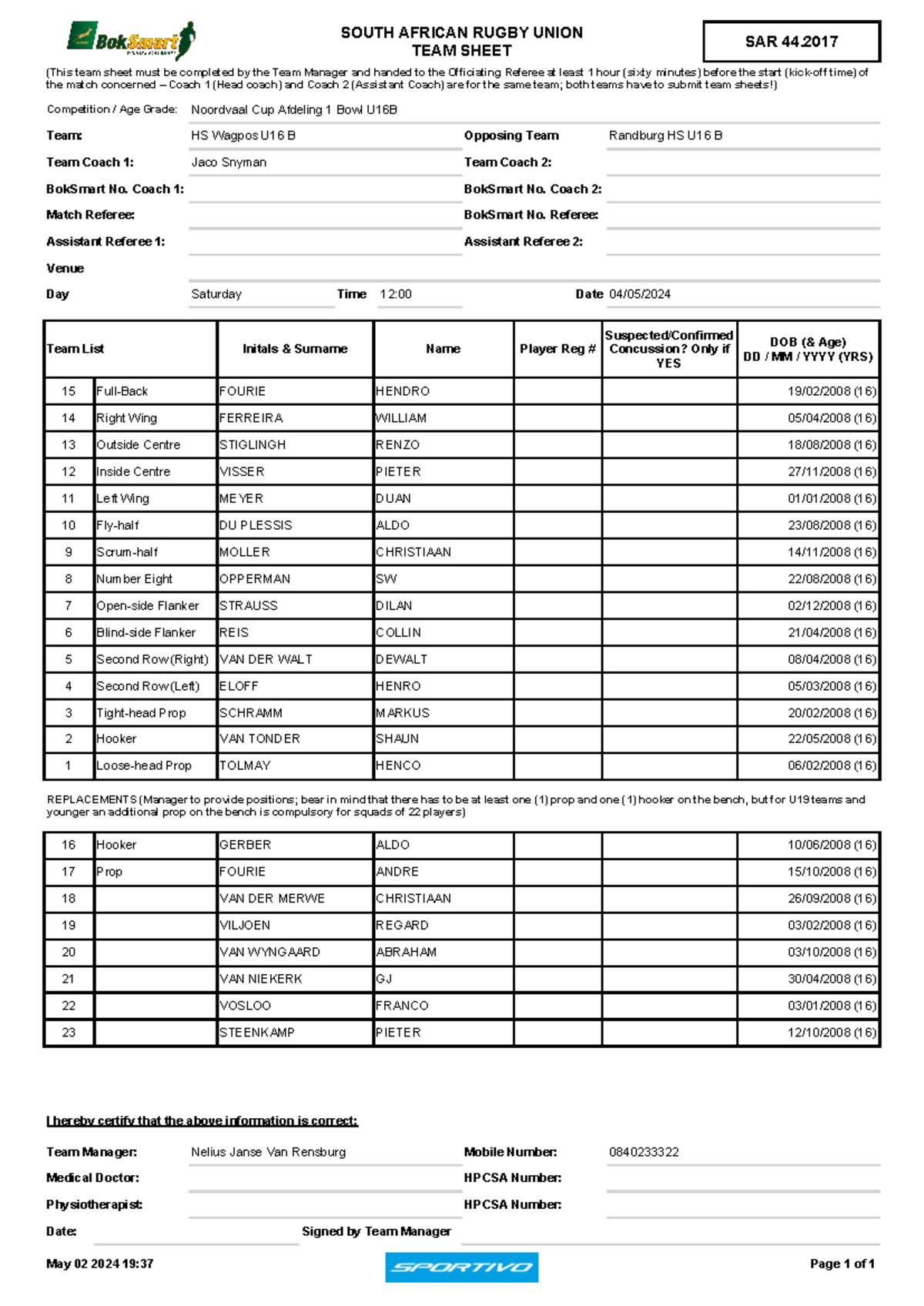 SARU 16 B WP VS Randburg 4 MEI 2024 - SOUTH AFRICAN RUGBY UNION SAR 44 ...