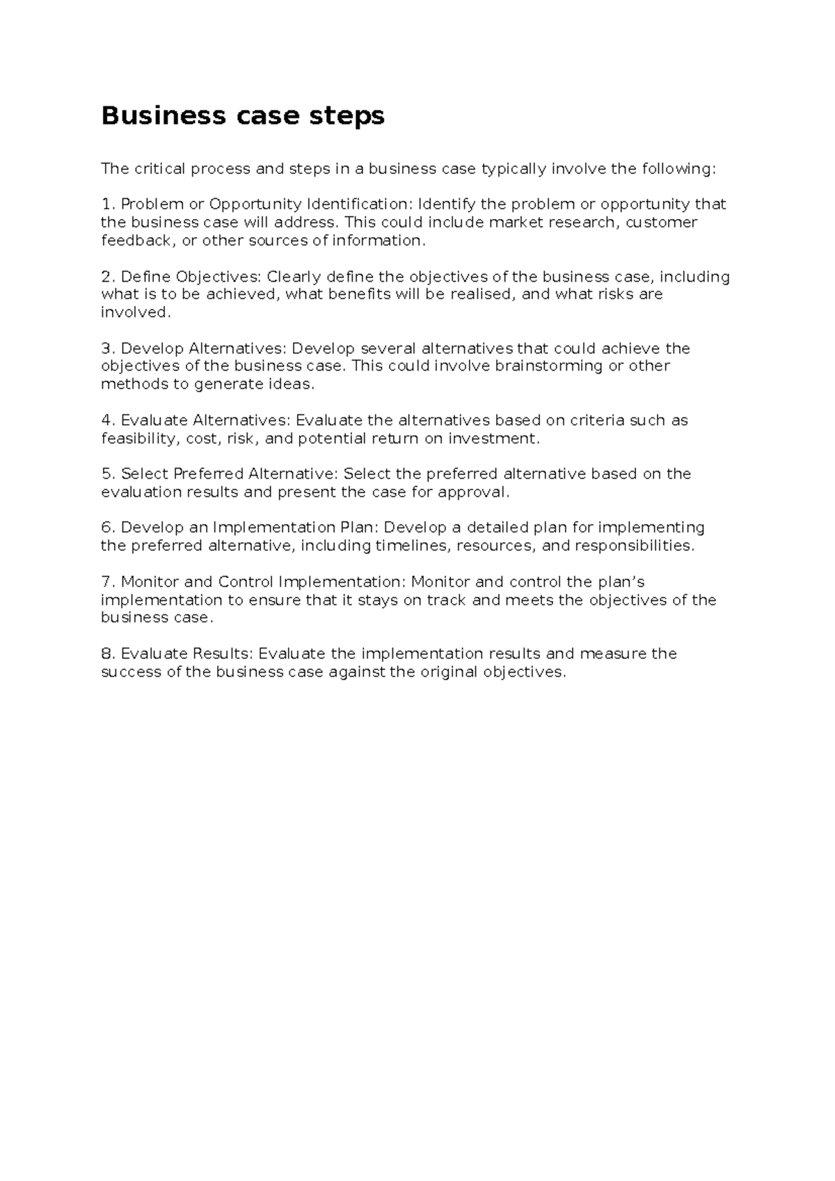 Business case procedures and steps - Business case steps The critical process and steps in a ...