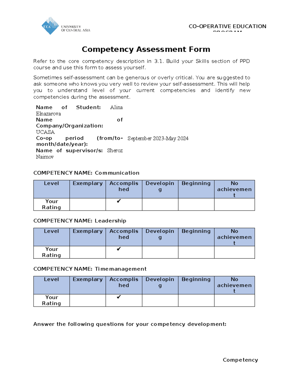 Competency Assessment Form -3.2 - CO-OPERATIVE EDUCATION PROGRAM ...