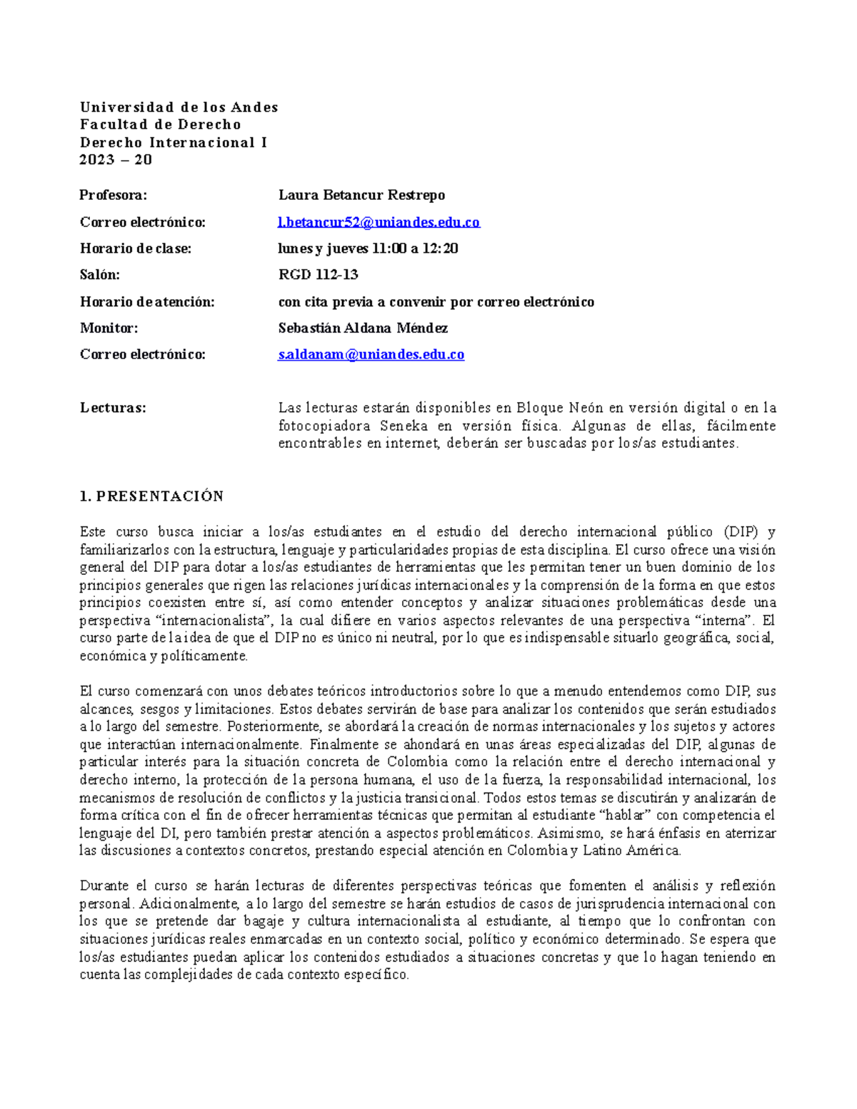 Programa DIP 2023-20 2[13]1 - Universidad de los Andes Facultad de Derecho Derecho Internacional ...