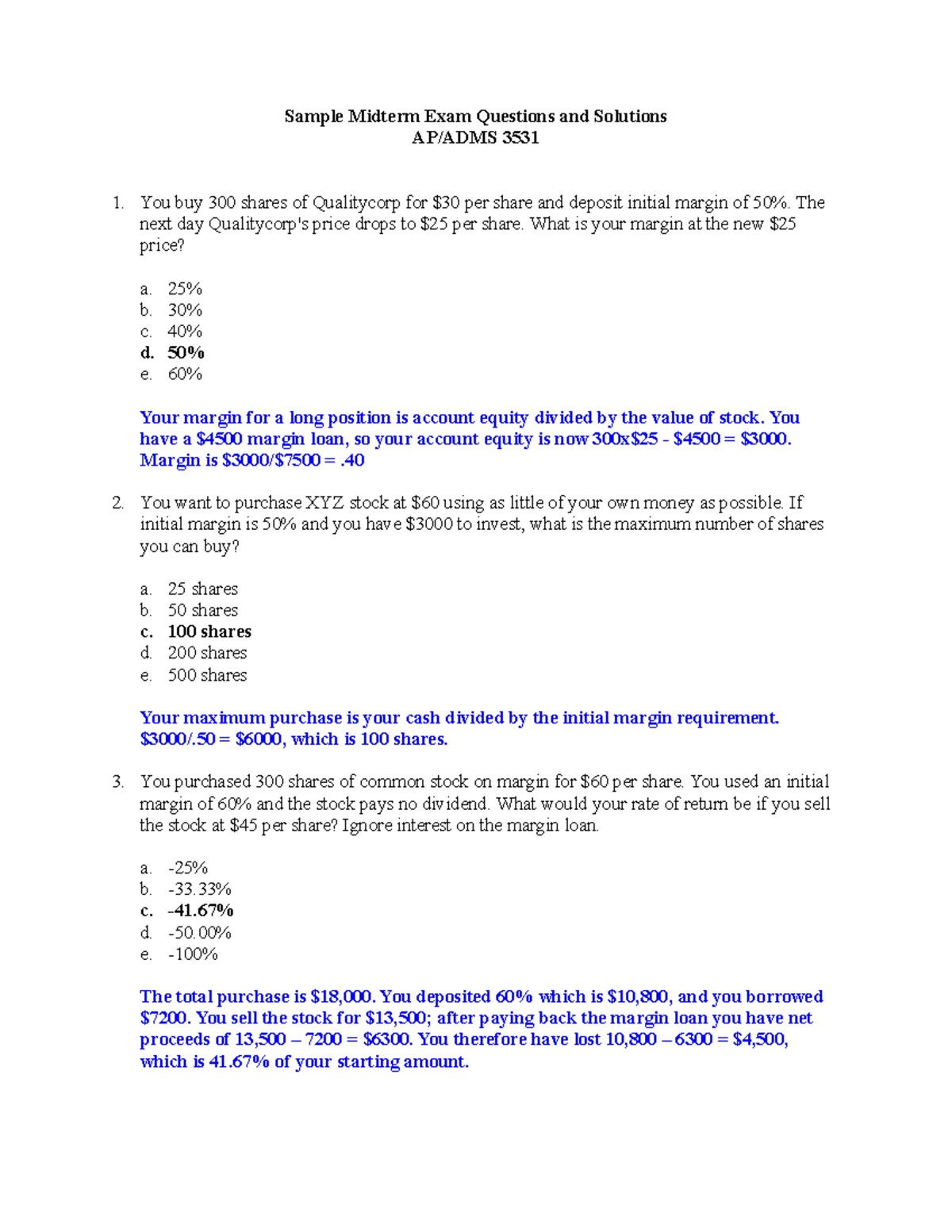 Sample midterm exam questions and solutions - Sample Midterm Exam ...