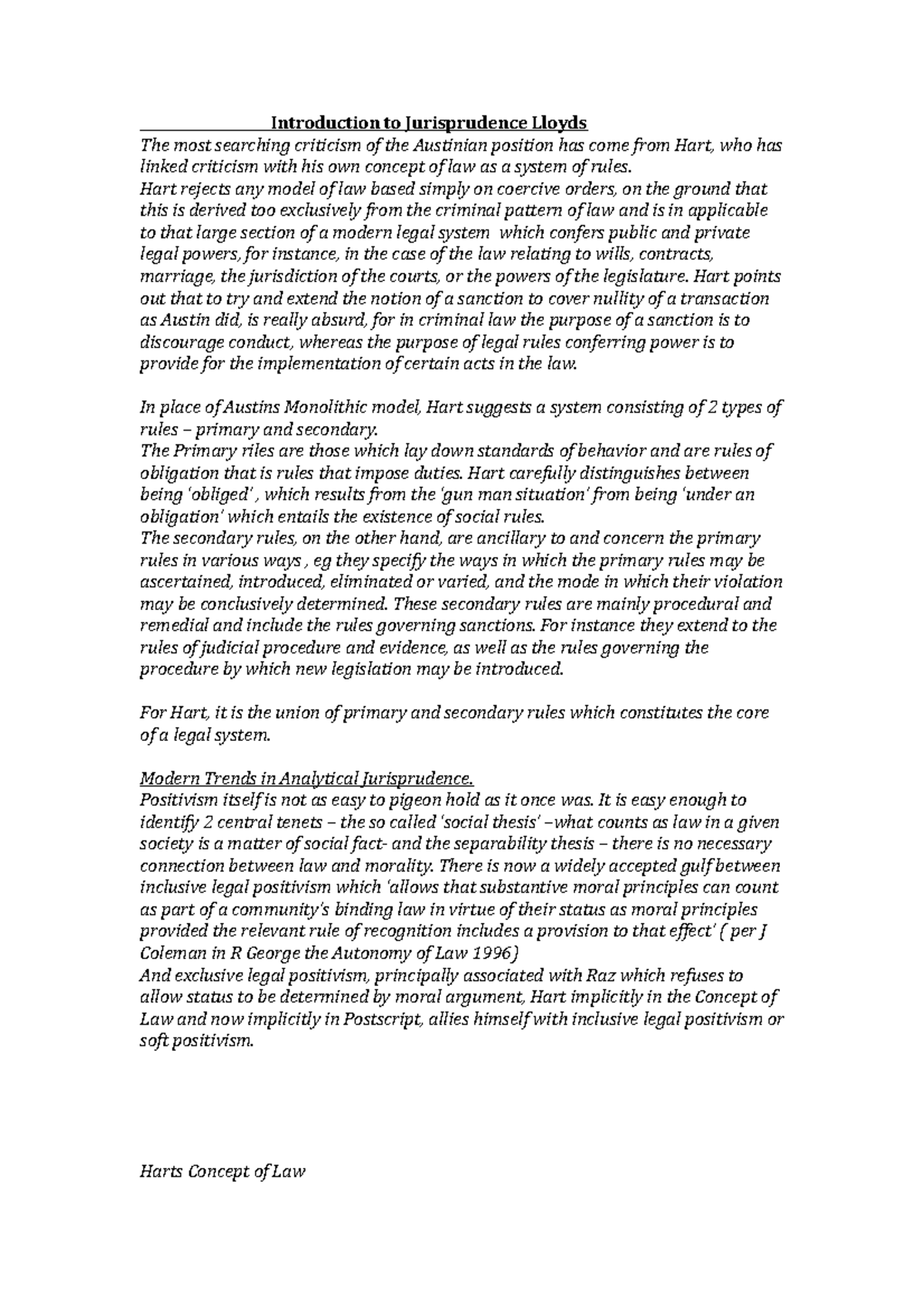 Introduction to Jurisprudence Lloyds - Hart rejects any model of law ...